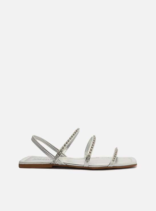 Sandália Rasteira Prateada Bico Quadrado Pedraria | Arezzo