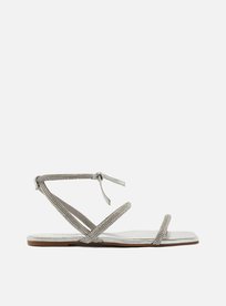 Rasteira Prateada Couro Strass Amarração | Arezzo