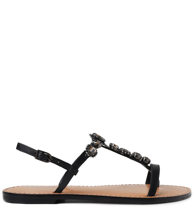 Rasteira Preta Couro Pedrarias Fechada | Arezzo