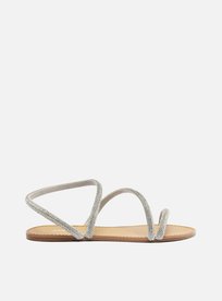 Sandália Rasteira Prateada Strass Tira Curva | Arezzo