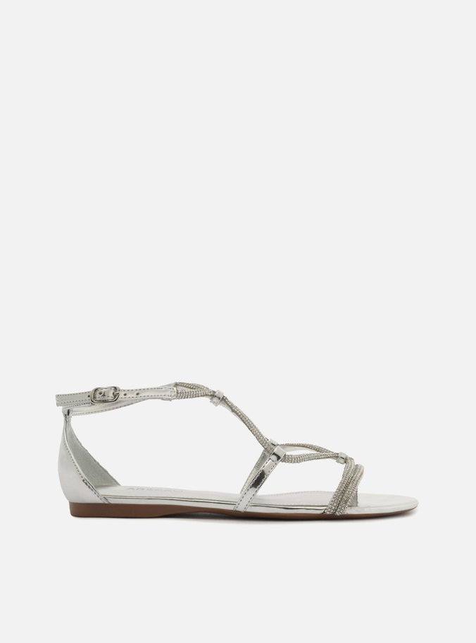 Sandália Rasteira Prateada Tiras Strass Elos | Arezzo