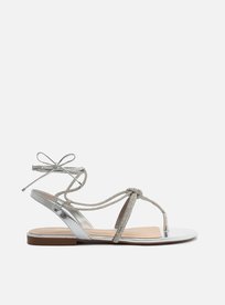 Sandália Rasteira Prateada Tiras Strass Amarração | Arezzo